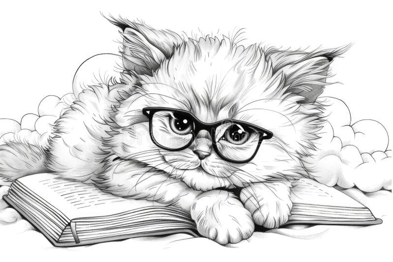 A Drawing of a Cat with Glasses Laying on a Book Stock Photo - Image of ...