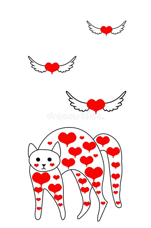 Drawing of a Cat with Hearts for Valentine S Day Stock Illustration ...