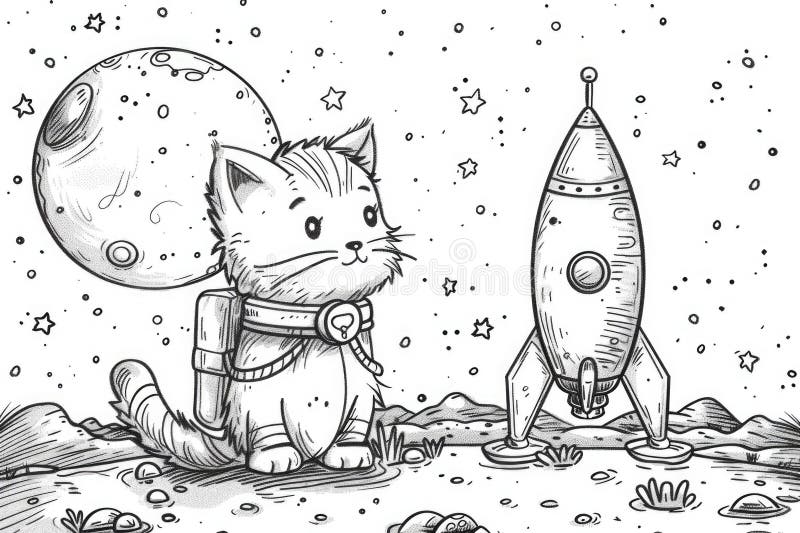 A Drawing of a Cat and a Rocket, Coloring Book for Kids. Stock ...