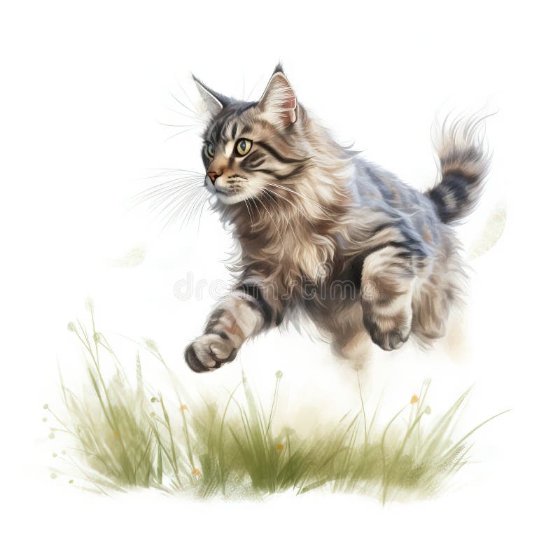 A Drawing of a Cat Running through a Field of Grass Stock Illustration ...