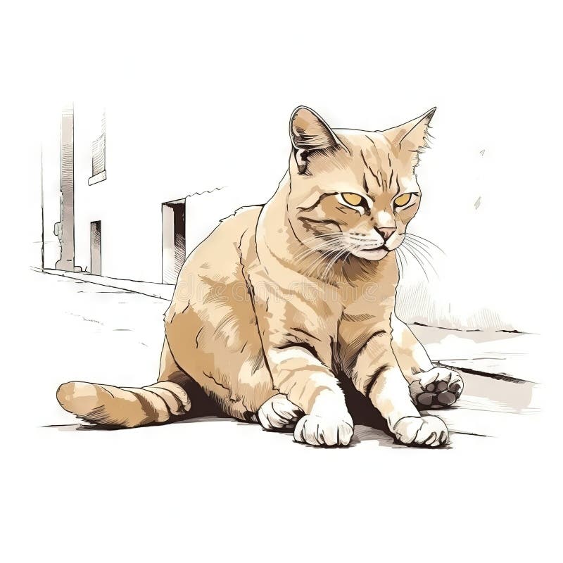 A Drawing of a Cat Sitting on the Ground Next To a Building Stock ...