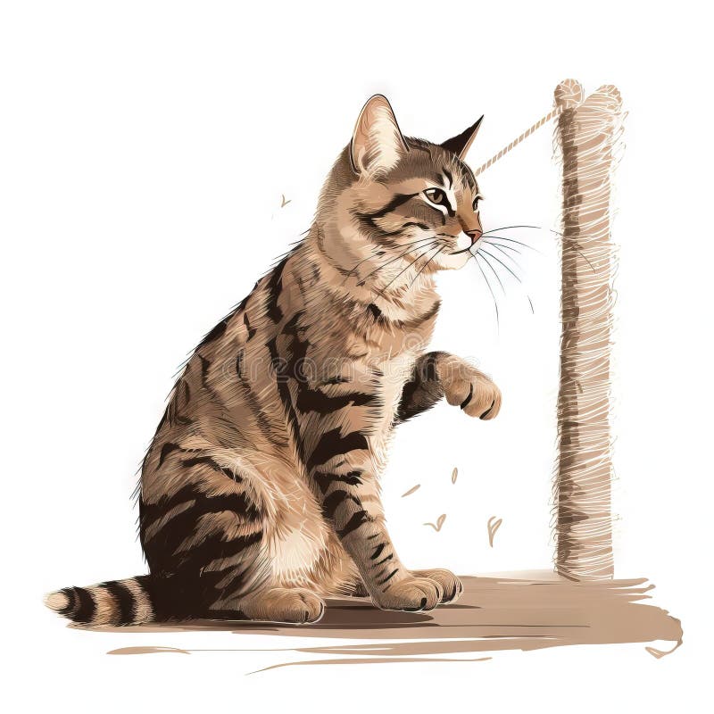 A Drawing of a Cat Sitting Next To a Scratching Post Stock Illustration ...