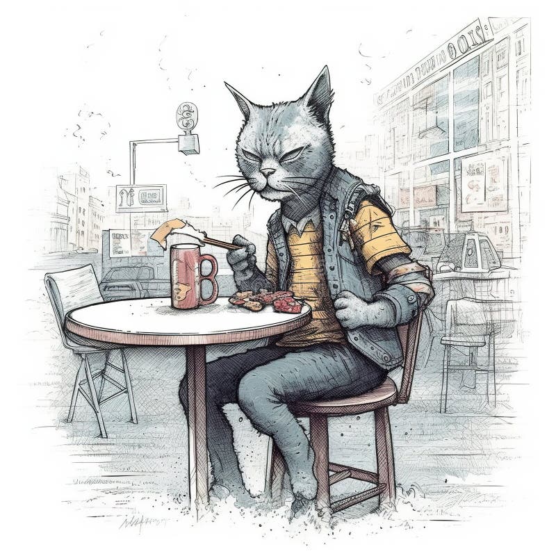 A Drawing of a Cat Sitting at a Table. Generative AI Image. Stock ...