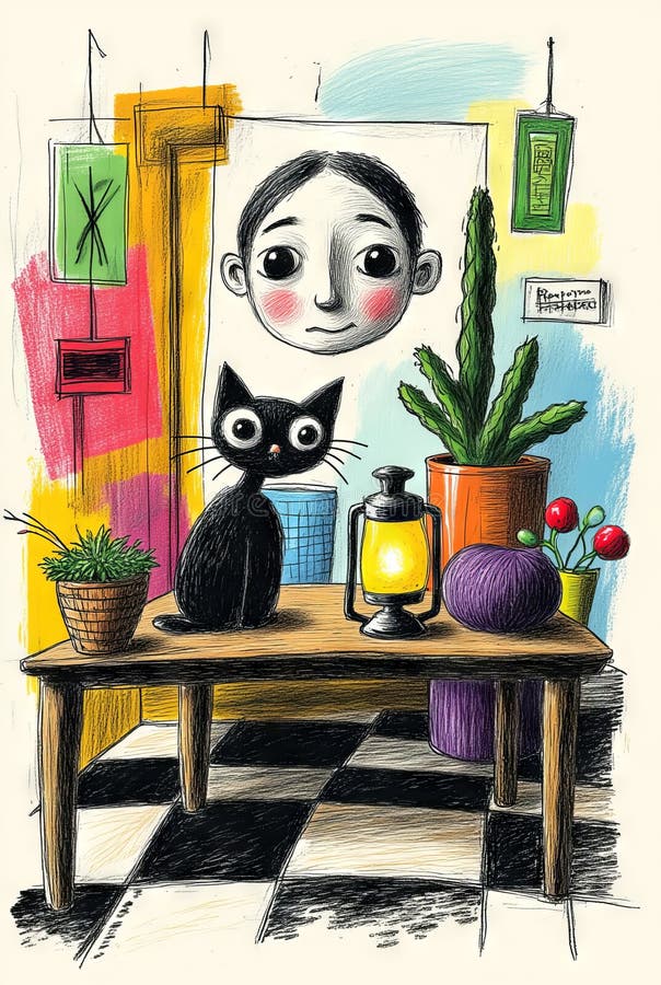 A Drawing of a Cat Sitting on a Table Next To a Lamp Stock Photo ...