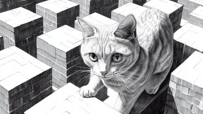 A Drawing of a Cat Walking through Blocks on the Ground, AI Stock Photo ...