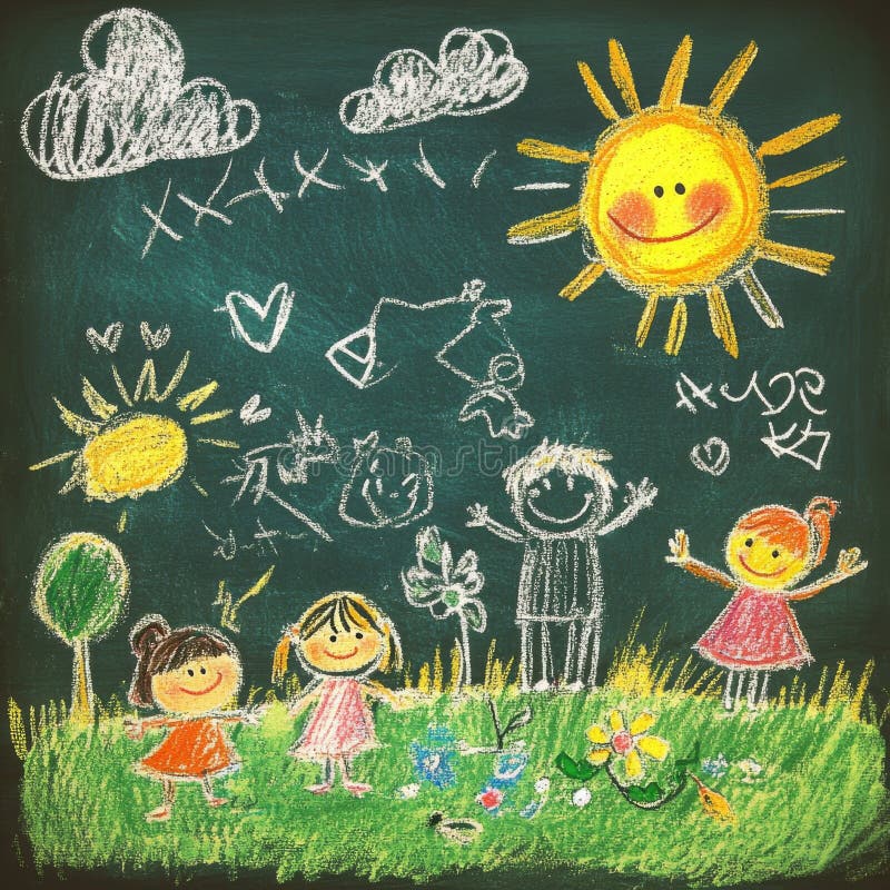 A Drawing on a Chalkboard Showing Cheerful Girls Having Fun Stock Image ...
