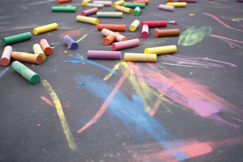 Drawing Chalks Scattered on Pavement, Mid-drawing Stock Image - Image ...