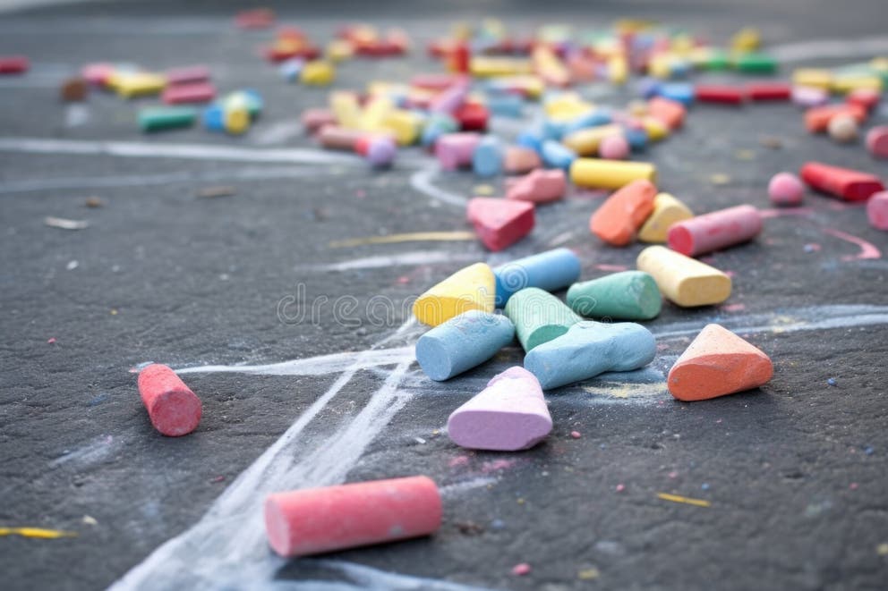 Drawing Chalks Scattered on Pavement, Mid-drawing Stock Photo - Image ...
