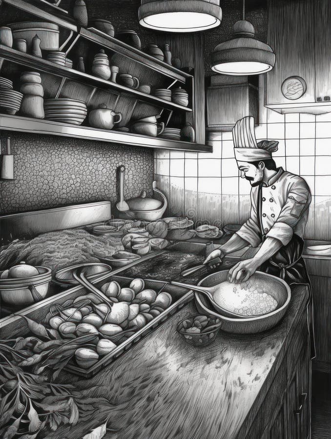 A Drawing of a Chef Preparing Food in a Kitchen. Generative AI Image ...