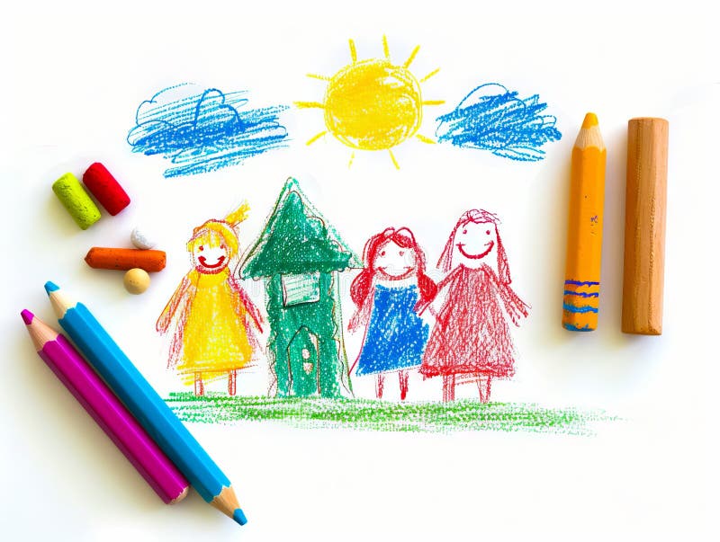 A Drawing of Children with Crayons and Pencils Stock Image - Image of ...