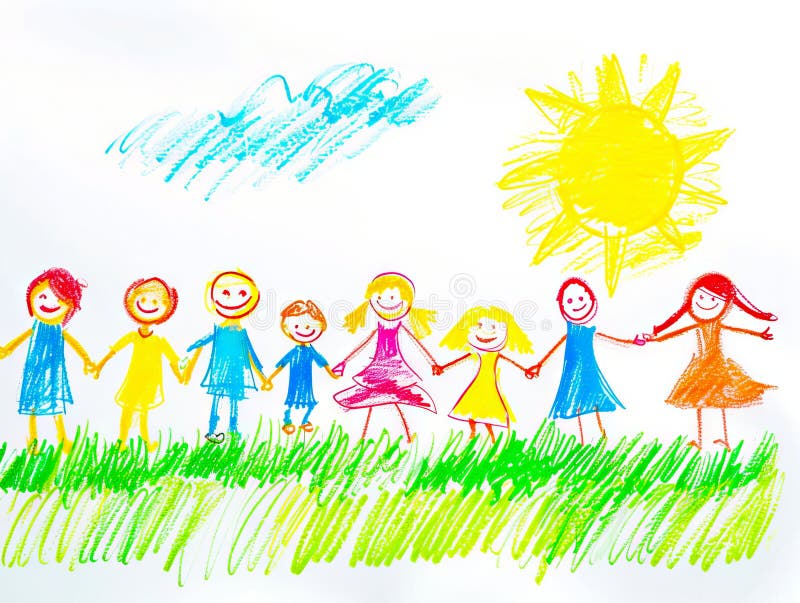 A Drawing of Children Holding Hands in the Grass Stock Image - Image of ...