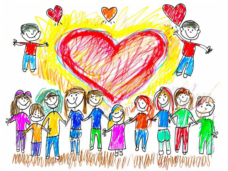 A Drawing of Children Holding Hands and a Heart Stock Photo - Image of ...