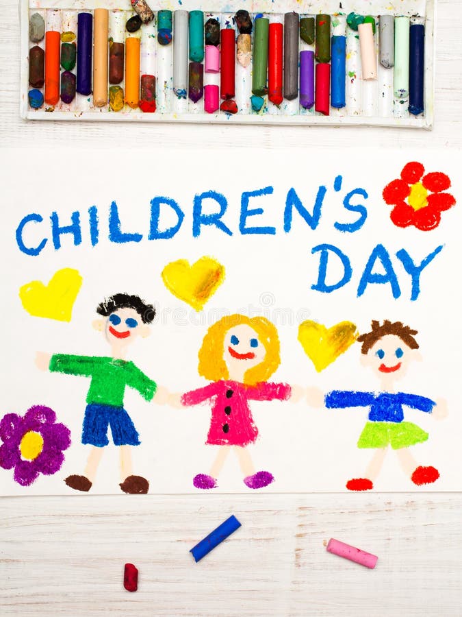 Drawing: Children`s Day Card. Stock Image - Image of children, crayon ...