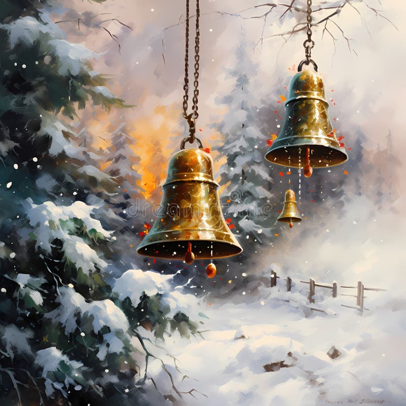 Drawing of Christmas Bell at Falling Snow Night Stock Illustration ...
