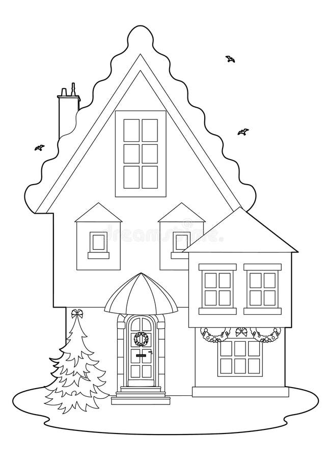 Drawing of a Christmas House with a Tree Stock Vector - Illustration of ...