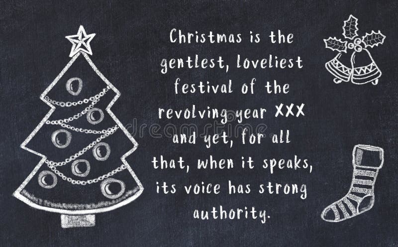 Drawing of Christmas Tree and Handwritten Greetings on Black Chalkboard ...