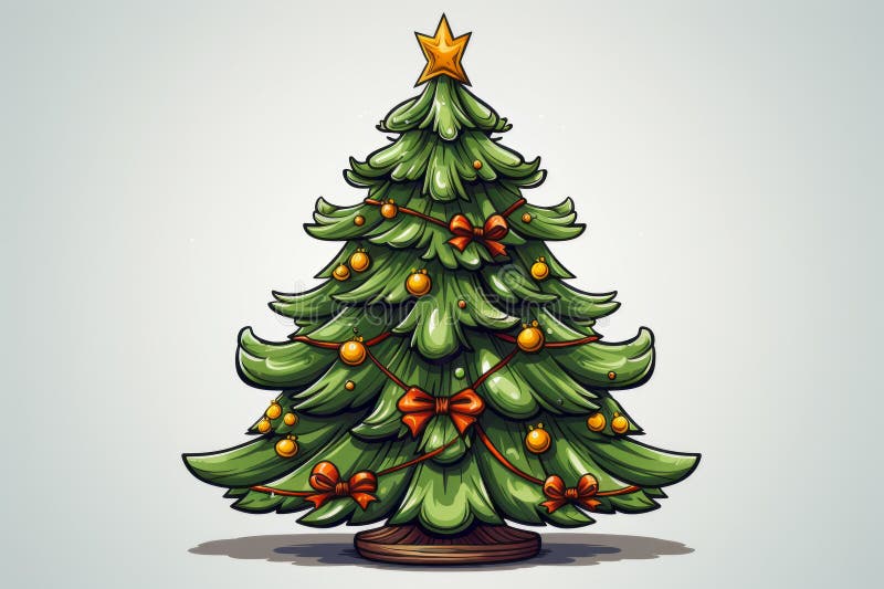 Drawing of a Christmas Tree with Ribbons, Red Bows and Orange Balls on ...
