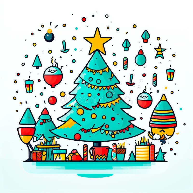 Drawing of Christmas Tree Surrounded by Other Christmas Decorations ...