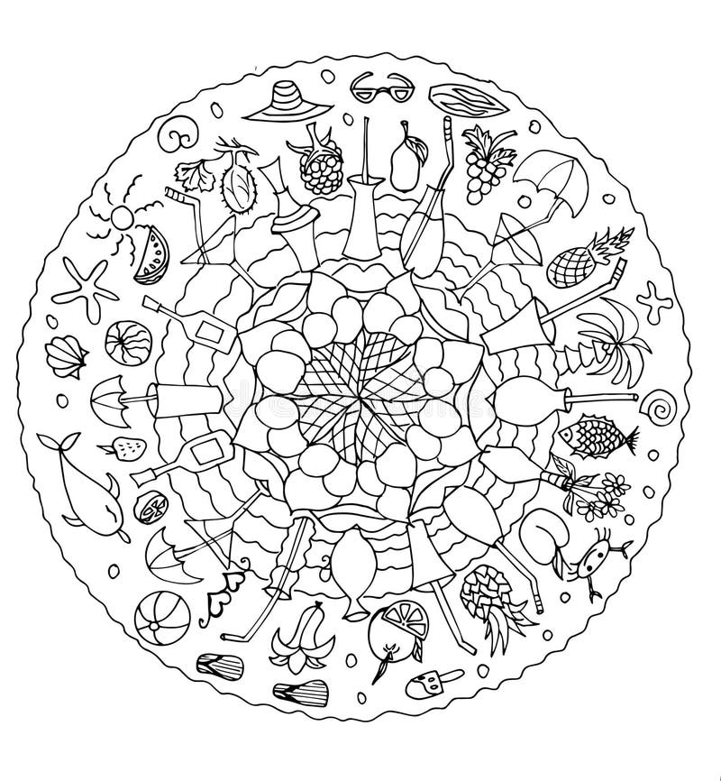 Drawing in a Circle Mandala Summer Beach Drinks Stock Illustration ...