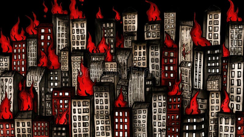 A Drawing of a City with Fire Coming Out from the Buildings, AI Stock ...
