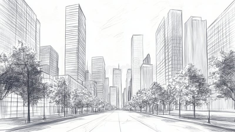 A Drawing of a City Street with Tall Buildings Stock Illustration ...