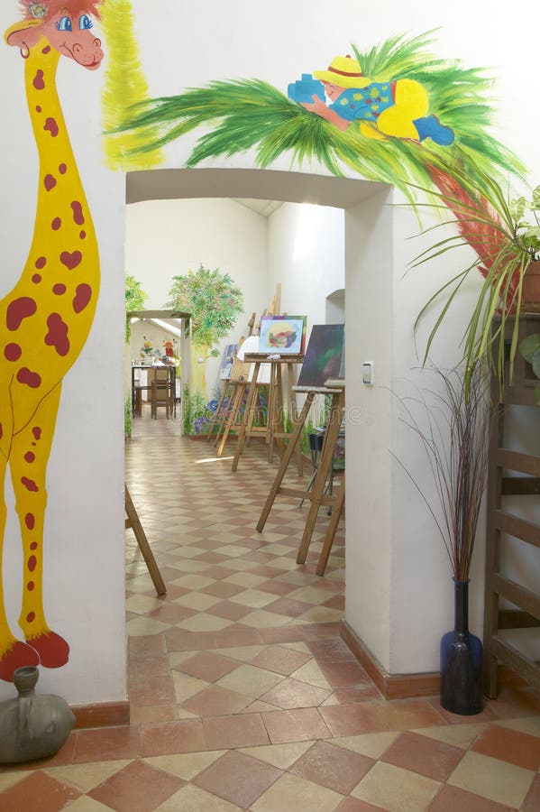 Drawing Classroom Entrance with Painted Colorful Animals. Editorial ...