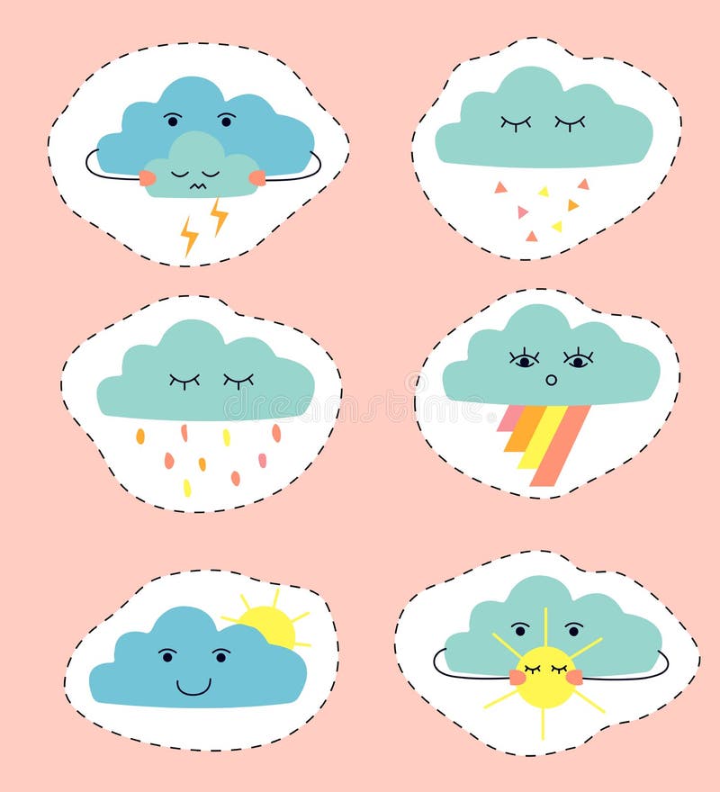Drawing of Clouds in the Form of Stickers. Set of Cute Cartoon Clouds ...