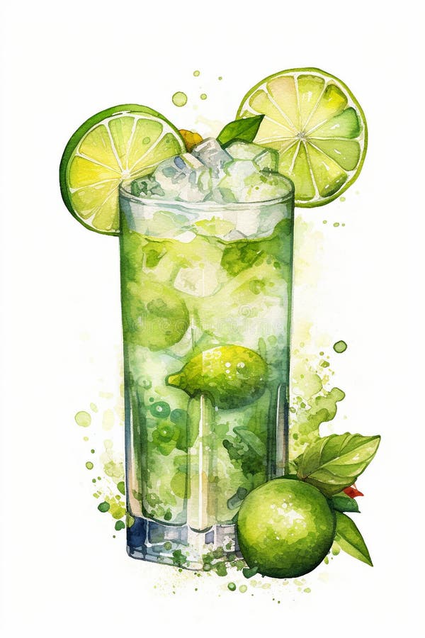 Drawing of a Cocktail with Lime, Mint and Ice in a Glass. Stock ...