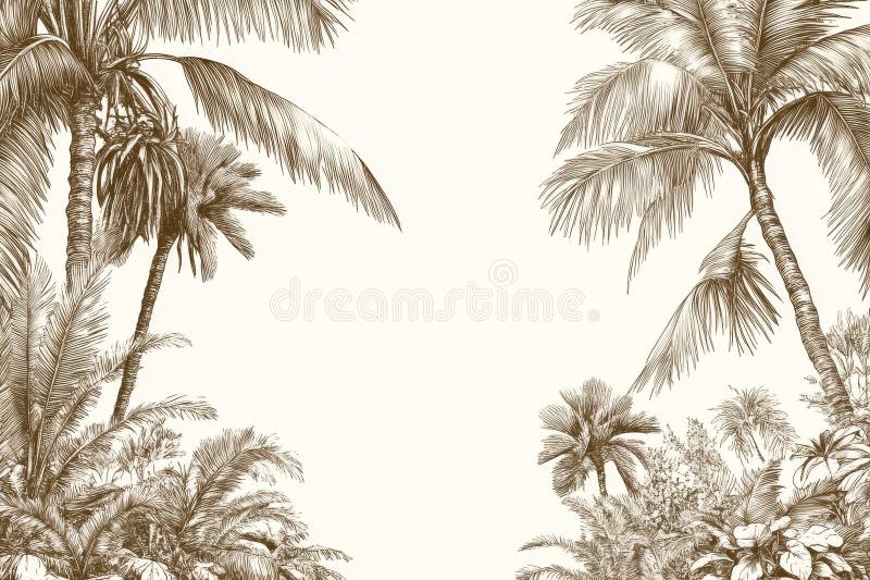 A Drawing of a Coconut Tree on Toile Wallpaper. Stock Image - Image of ...