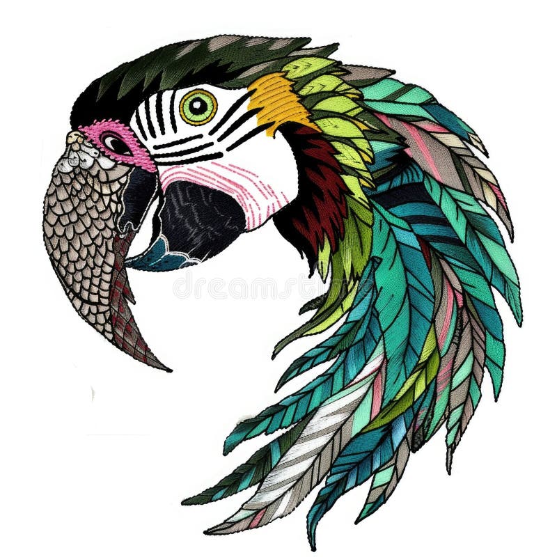 A Drawing of a Colorful Parrot with Feathers on it S Head, Embroidery ...