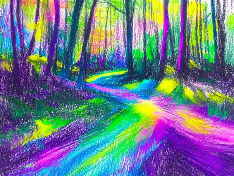 A Drawing of a Colorful Path in the Woods Stock Image - Image of tall ...