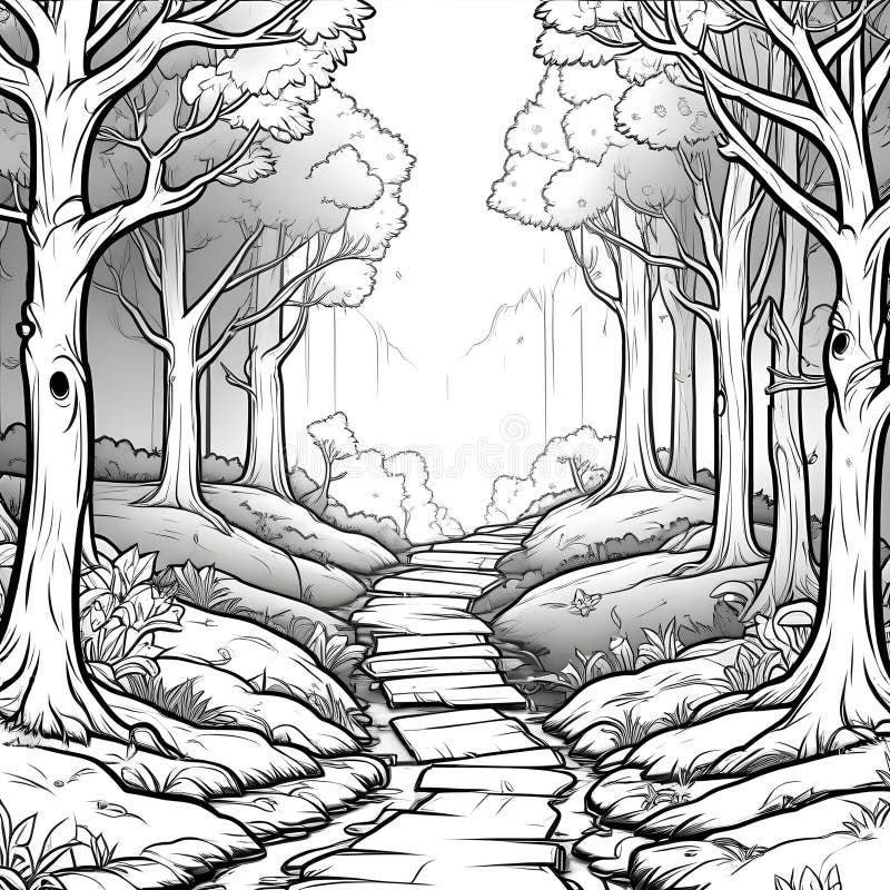 A Drawing Coloring Page of a Halloween Path with Trees in a Forest ...