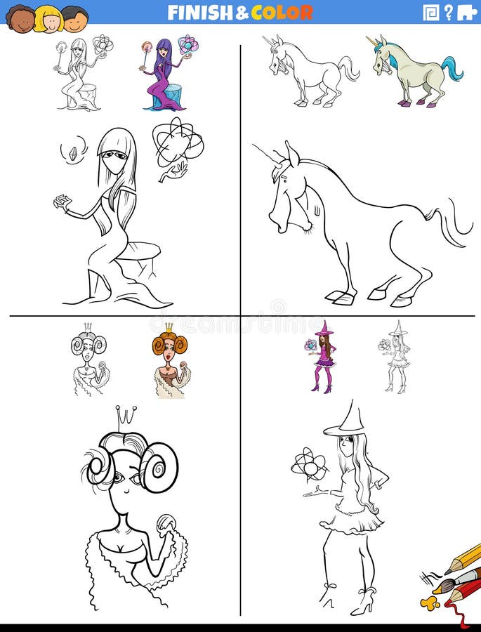 Drawing and Coloring Task with Fantasy Characters Stock Vector ...