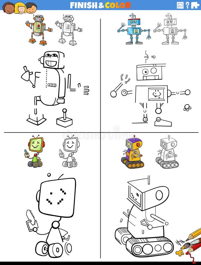 Drawing and Coloring Worksheets Set with Robots Characters Stock Vector ...