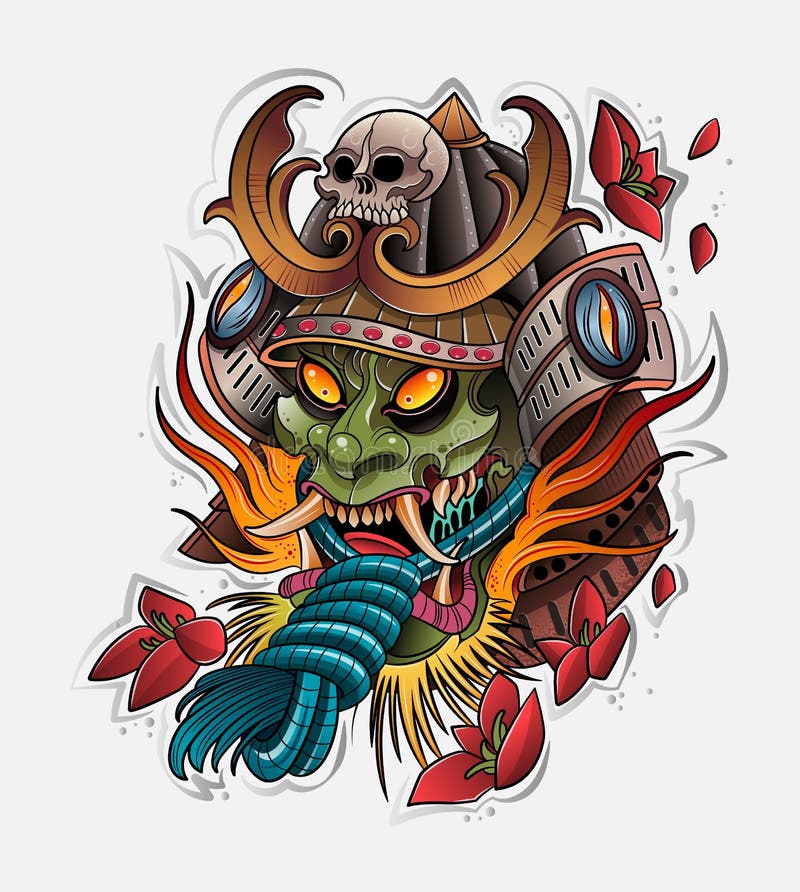 Japanese Samurai Mask Drawing In Color Japanese Samurai Mask Vector