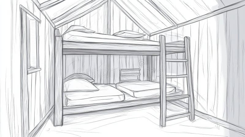 Drawing of a Compact Bedroom Featuring Bunk Beds and a Double Bed Stock ...