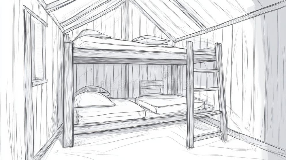 Drawing of a Compact Bedroom Featuring Bunk Beds and a Double Bed Stock ...