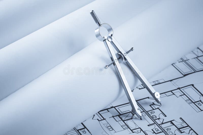 Drawing Compass on Blueprint Documents Stock Image - Image of floor ...