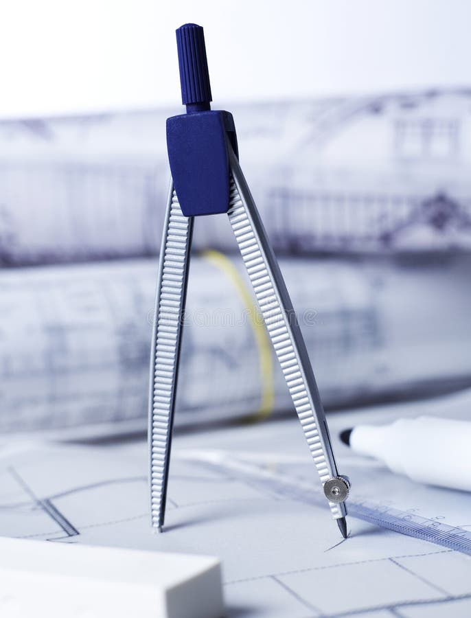 Drawing Compass and Blueprints Stock Photo - Image of activity ...