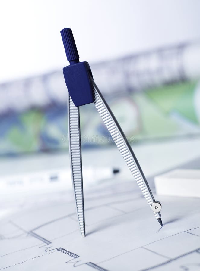 Drawing Compass on Blueprints Stock Photo - Image of document, diagram ...