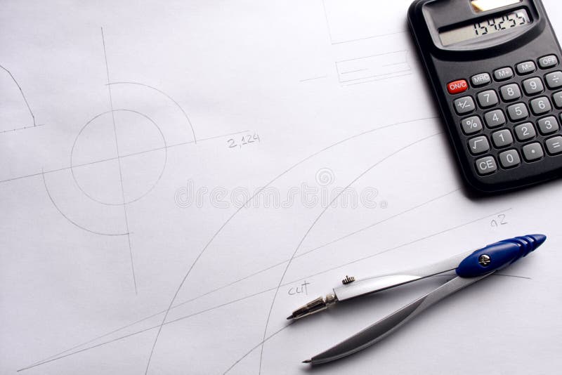 Drawing Compass and Calculator on Blueprint. Stock Image - Image of ...