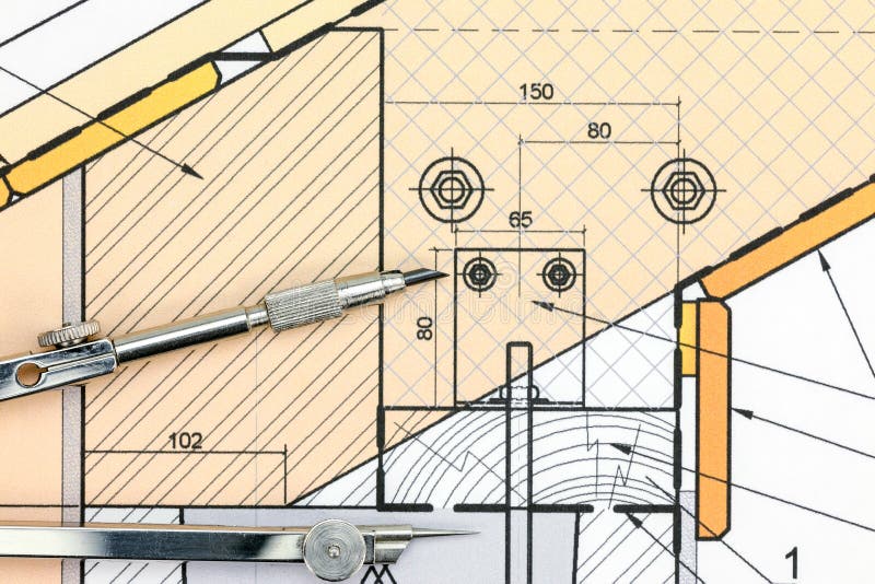 Drawing Compass on Color Technical Project Drawing Stock Photo - Image ...