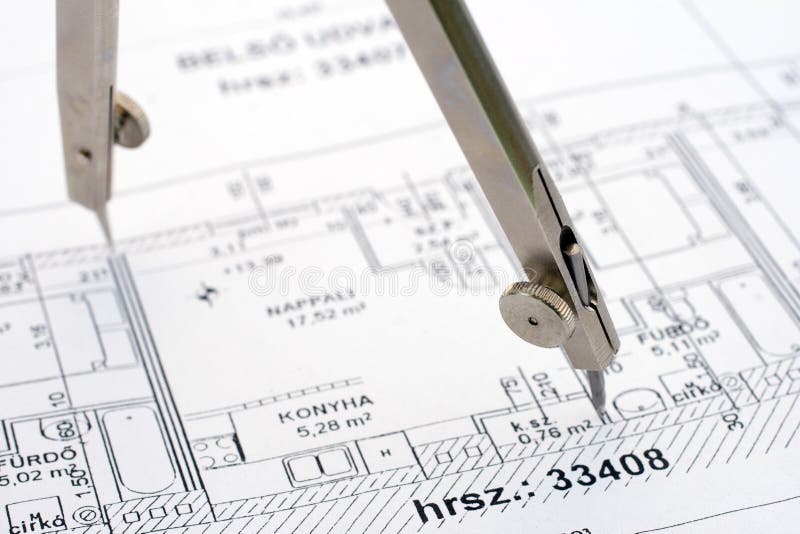 Drawing Compass on a Floor Plan Stock Photo - Image of engineering ...