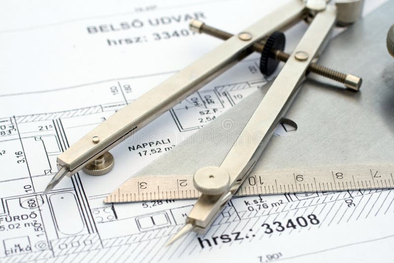 Drawing Compass on a Floor Plan Stock Image - Image of drafting ...