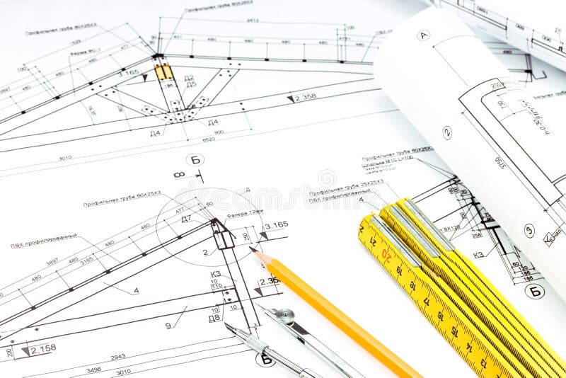 Caliper, Ruler and Pencil on Technical Drawings. Stock Image - Image of ...