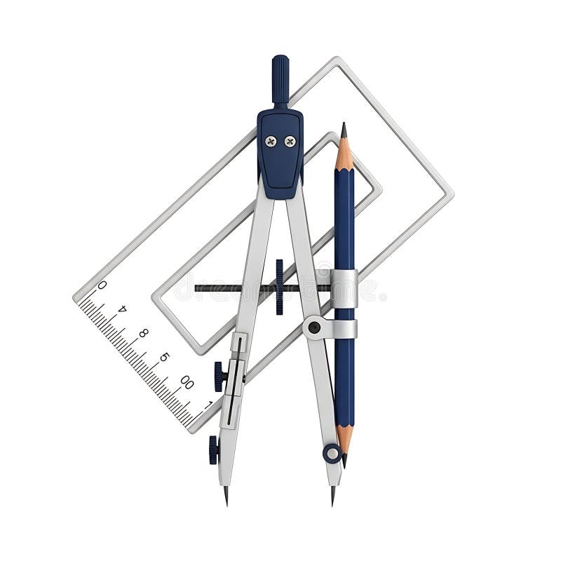 Drawing Compass with Ruler and Pencil on White Background, Design Tool ...