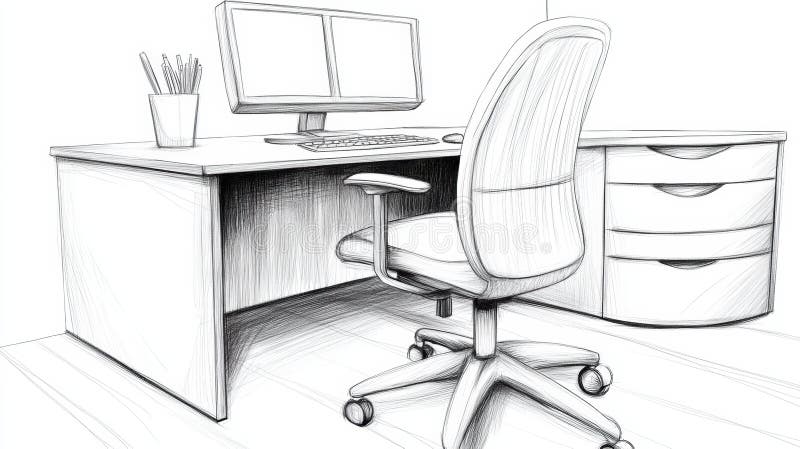 A Drawing of a Computer Desk with Two Drawers and One Monitor, AI Stock ...