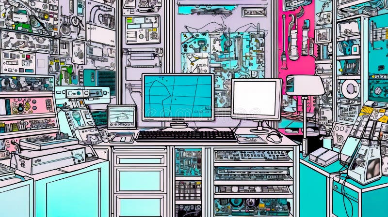 Drawing of Computer Room Filled with Computers and Other Electronic ...