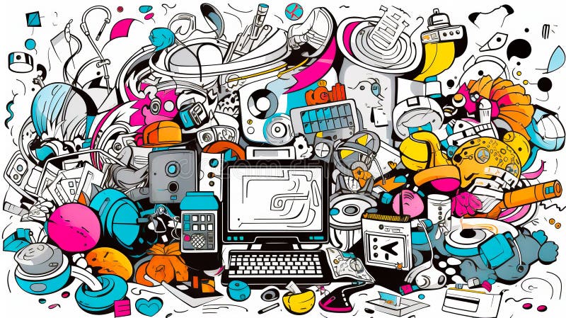 Drawing of Computer Surrounded by Many Different Types of Objects and ...