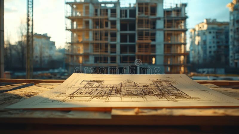 Drawing of a Construction Site Featuring a Building in Progress with ...